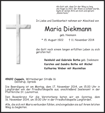 Traueranzeigen von Maria Diekmann | om-trauer.de