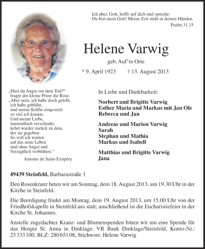 Traueranzeigen von Helene Varwig | om-trauer.de