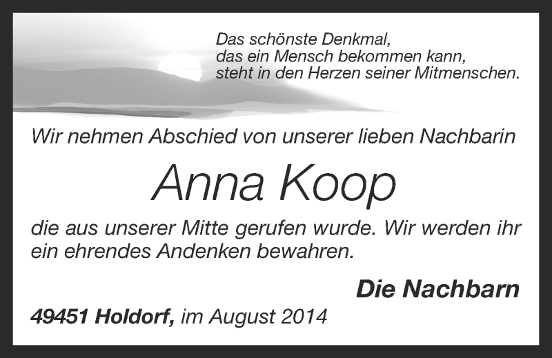 Traueranzeigen von Anna Koop | om-trauer.de