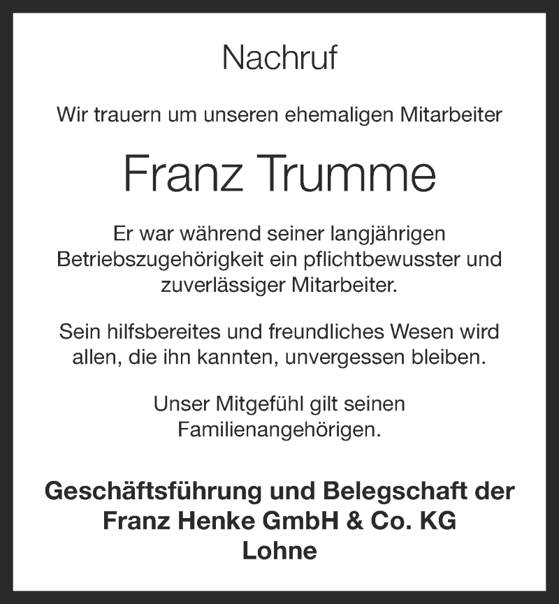 Traueranzeigen von Franz Trumme | om-trauer.de