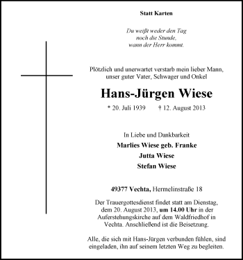 Traueranzeigen von Hans-Jürgen Wiese | om-trauer.de