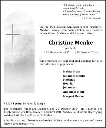 Traueranzeigen von Christine Menke | om-trauer.de