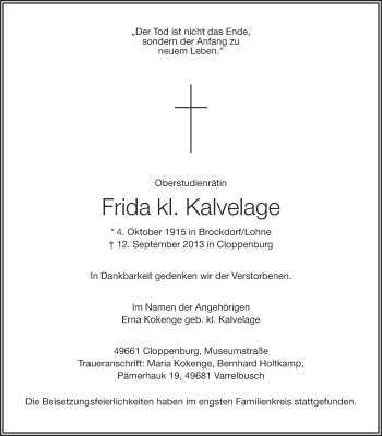 Traueranzeigen von Frida kl. Kalvelage | om-trauer.de