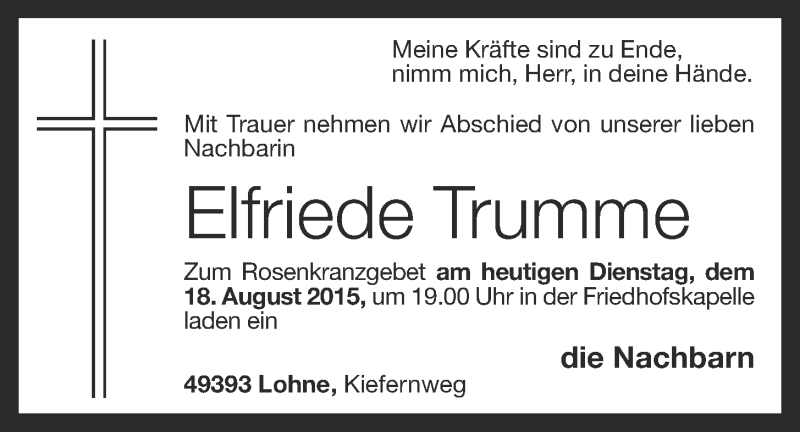 Traueranzeigen von Elfriede Trumme | om-trauer.de