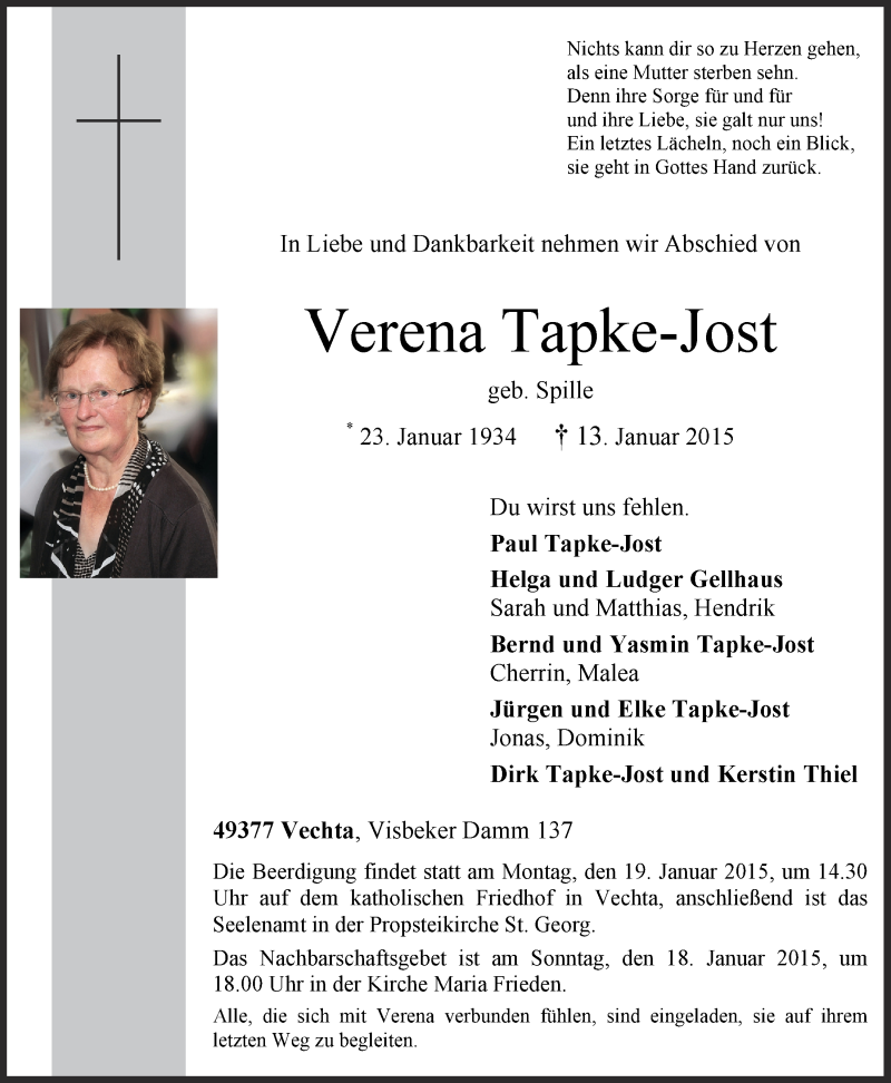 Traueranzeigen von Verena Tapke-Jost | om-trauer.de