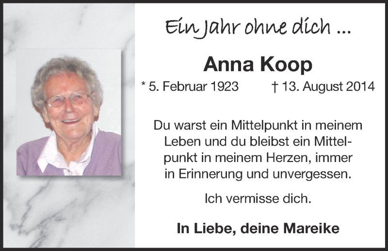 Traueranzeigen von Anna Koop | om-trauer.de
