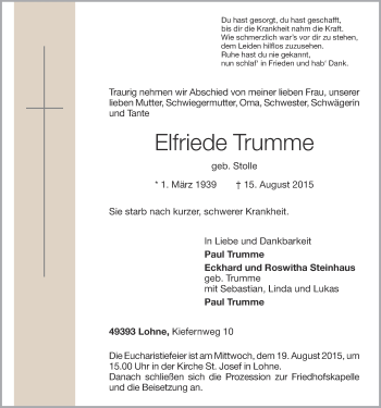 Traueranzeigen von Elfriede Trumme | om-trauer.de