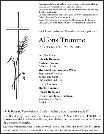 Traueranzeigen von Alfons Trumme | om-trauer.de
