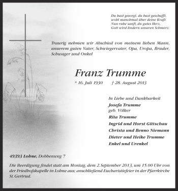 Traueranzeigen von Franz Trumme | om-trauer.de