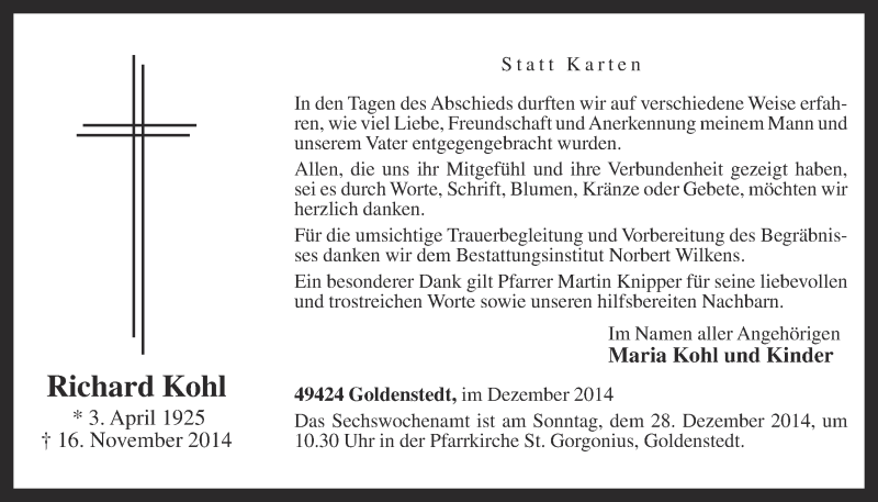 Traueranzeigen von Richard Kohl | om-trauer.de