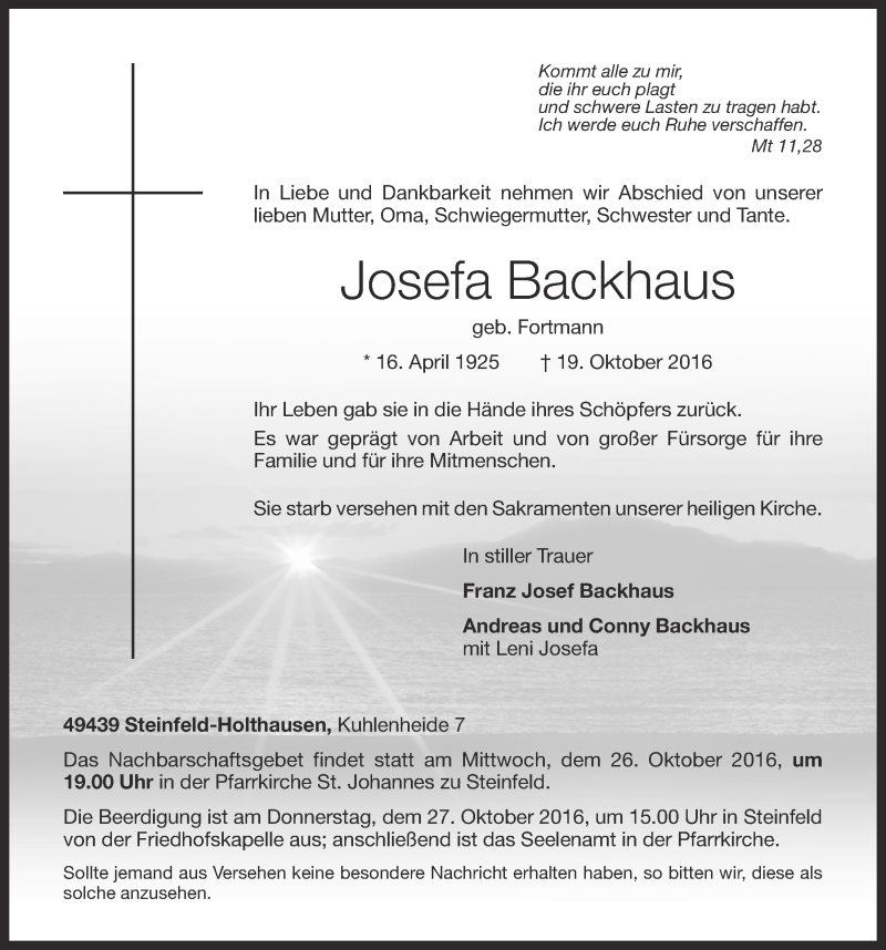 Traueranzeigen von Josefa Backhaus | om-trauer.de