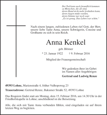Traueranzeigen von Anna Kenkel | om-trauer.de