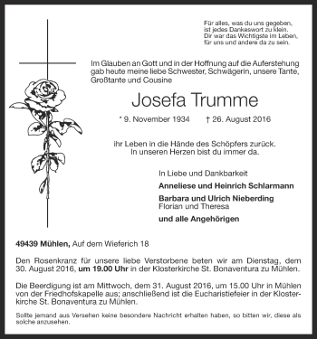 Traueranzeigen von Josefa Trumme | om-trauer.de