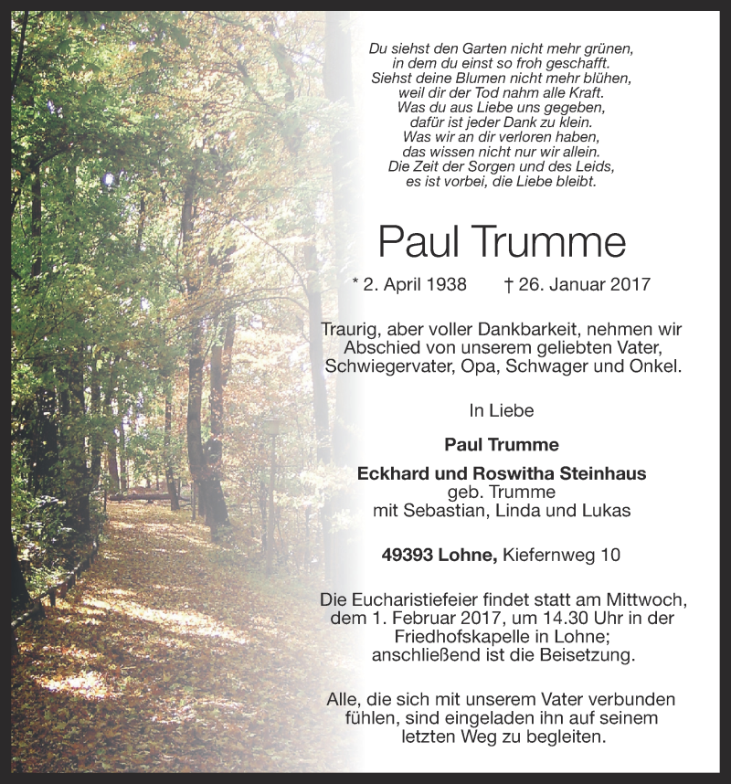 Traueranzeigen von Paul Trumme | om-trauer.de