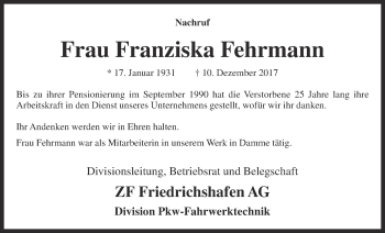 Traueranzeigen von Franziska Fehrmann | om-trauer.de