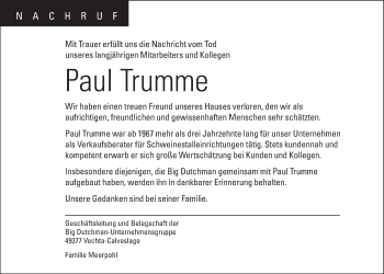 Traueranzeigen von Paul Trumme | om-trauer.de