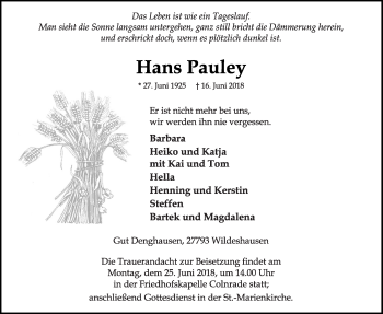 Traueranzeigen von Hans Pauley | om-trauer.de