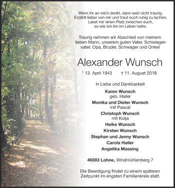 Traueranzeigen von Alexander Wunsch | om-trauer.de