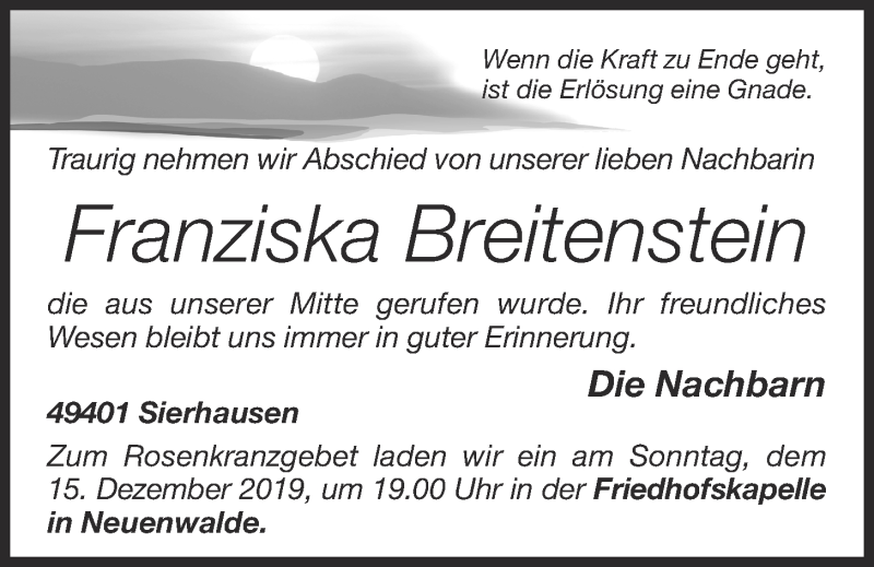 Traueranzeigen von Franziska Breitenstein | om-trauer.de