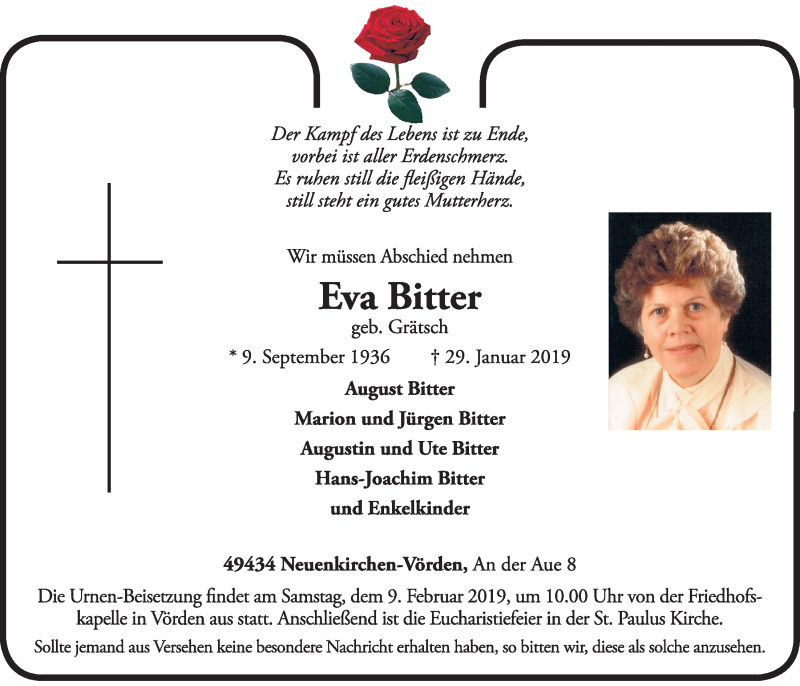 Traueranzeigen von Eva Bitter | om-trauer.de