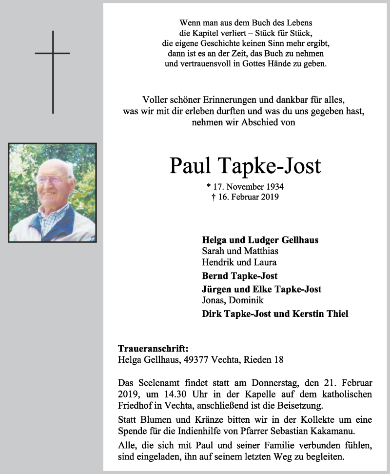 Traueranzeigen von Paul Tapke-Jost | om-trauer.de
