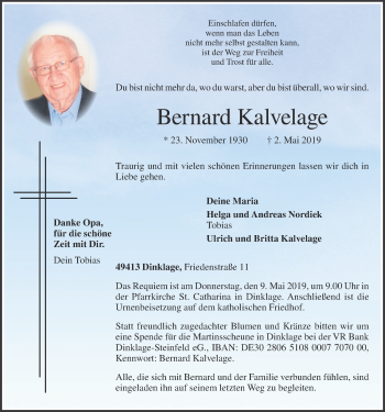 Traueranzeigen von Bernard Kalvelage | om-trauer.de