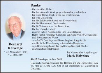 Traueranzeigen von Bernard Kalvelage | om-trauer.de