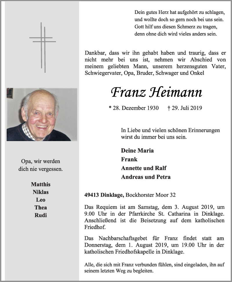 Traueranzeigen von Franz Heimann | om-trauer.de