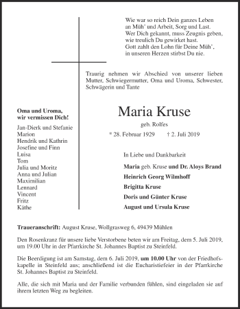 Traueranzeigen von Maria Kruse | om-trauer.de