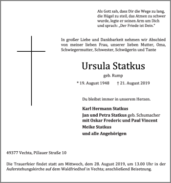 Traueranzeigen von Ursula Statkus | om-trauer.de