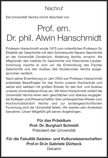 Traueranzeigen von Alwin Hanschmidt | om-trauer.de