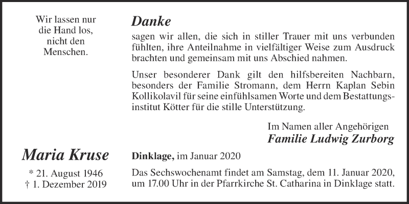 Traueranzeigen von Maria Kruse | om-trauer.de