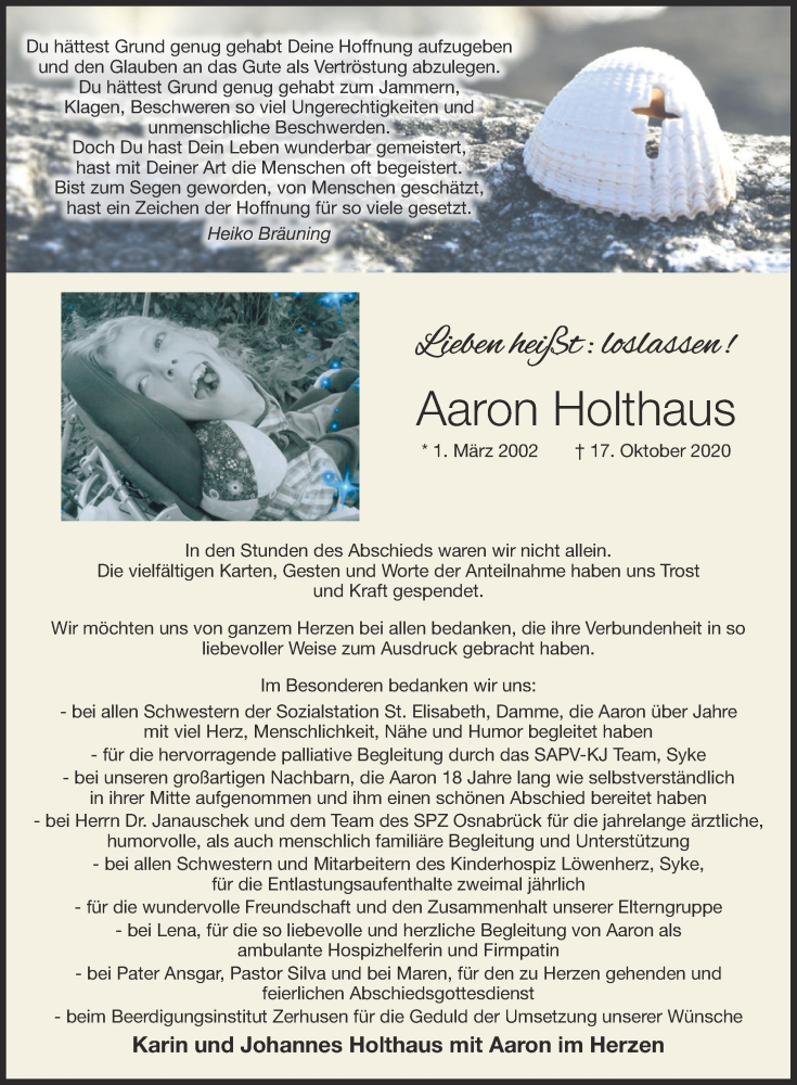 Traueranzeigen von Aaron Holthaus | om-trauer.de