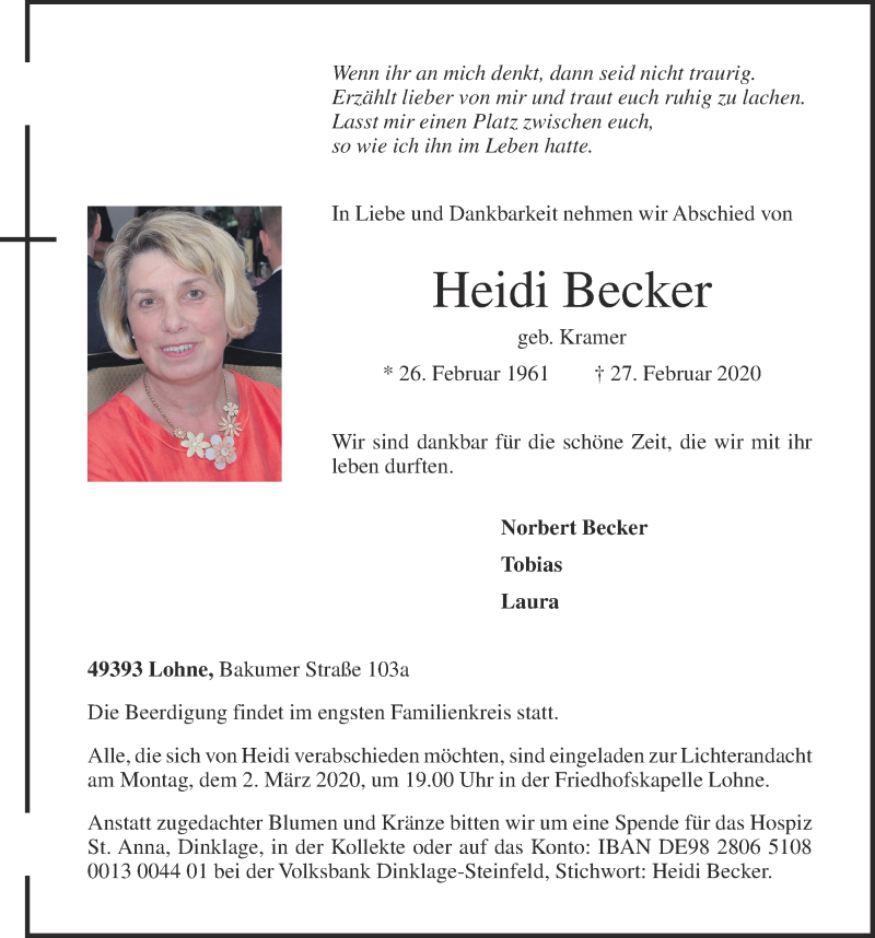 Traueranzeigen von Heidi Becker | om-trauer.de