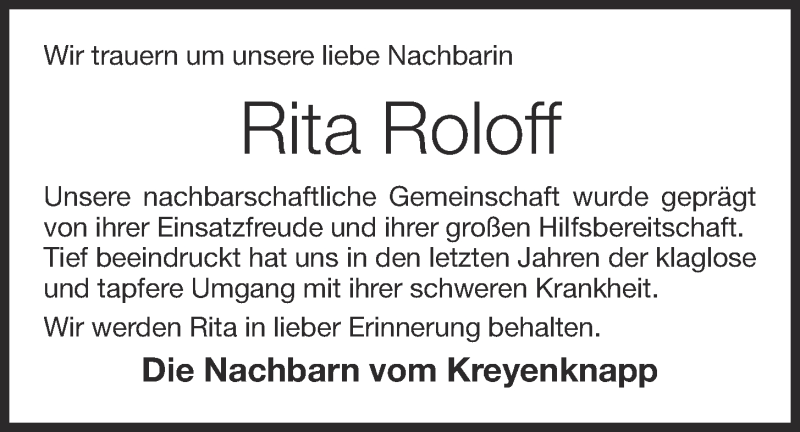 Traueranzeigen von Rita Roloff | om-trauer.de