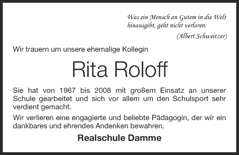 Traueranzeigen von Rita Roloff | om-trauer.de