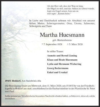 Traueranzeigen von Martha Huesmann | om-trauer.de