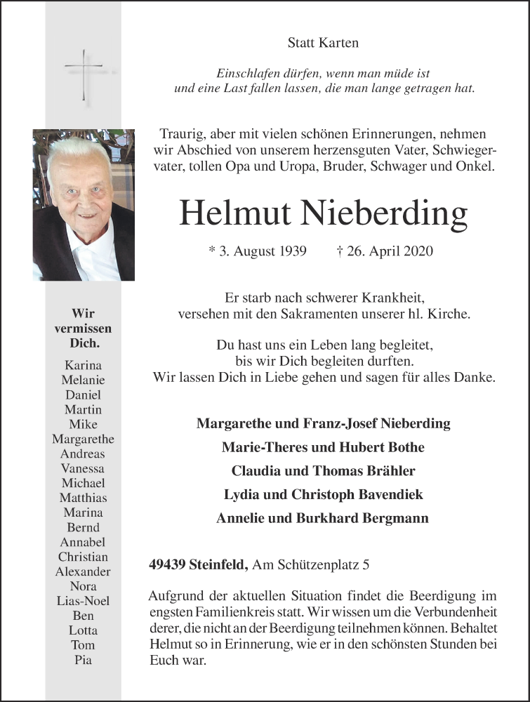 Traueranzeigen von Helmut Nieberding | om-trauer.de