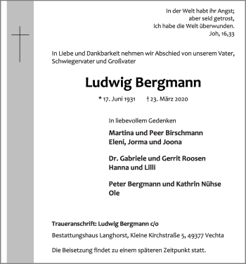 Traueranzeigen von Ludwig Bergmann | om-trauer.de