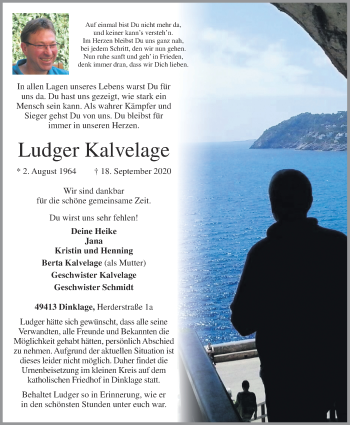 Traueranzeigen von Ludger Kalvelage | om-trauer.de