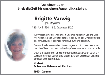 Traueranzeigen von Brigitte Varwig | om-trauer.de