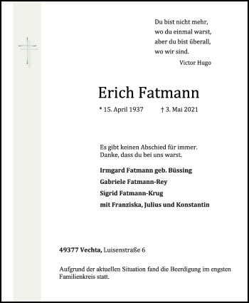 Traueranzeigen von Erich Fatmann | om-trauer.de