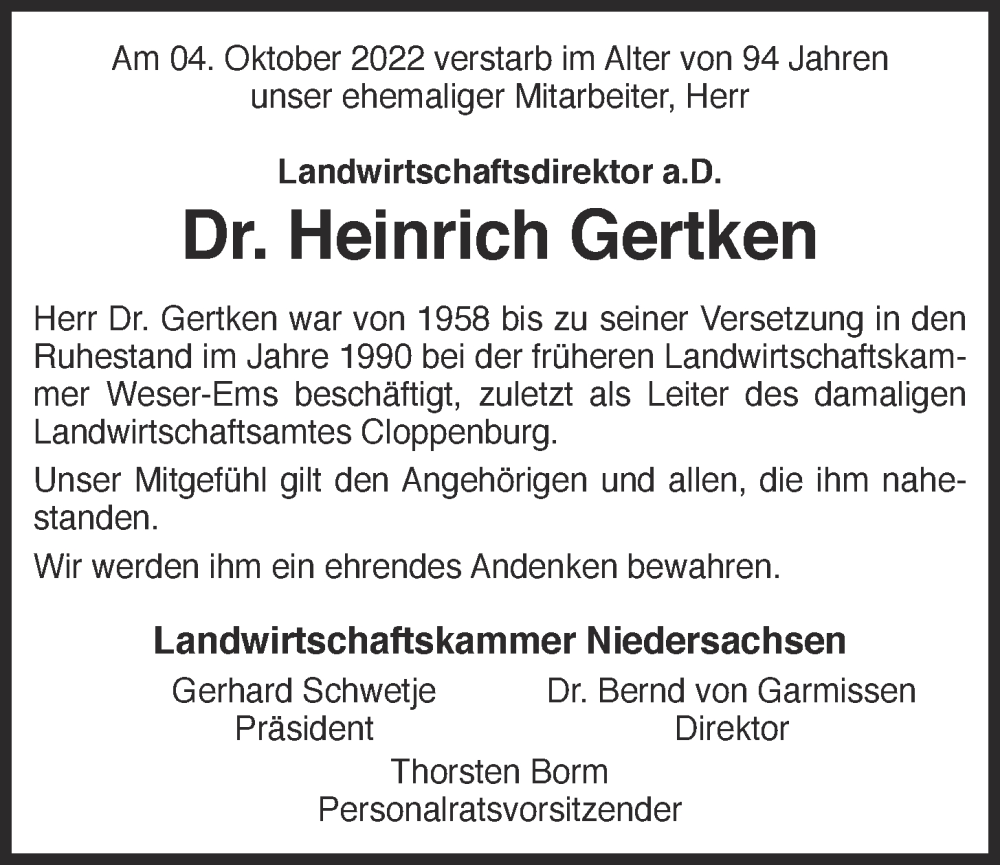 Traueranzeigen von Heinrich Gertken | om-trauer.de