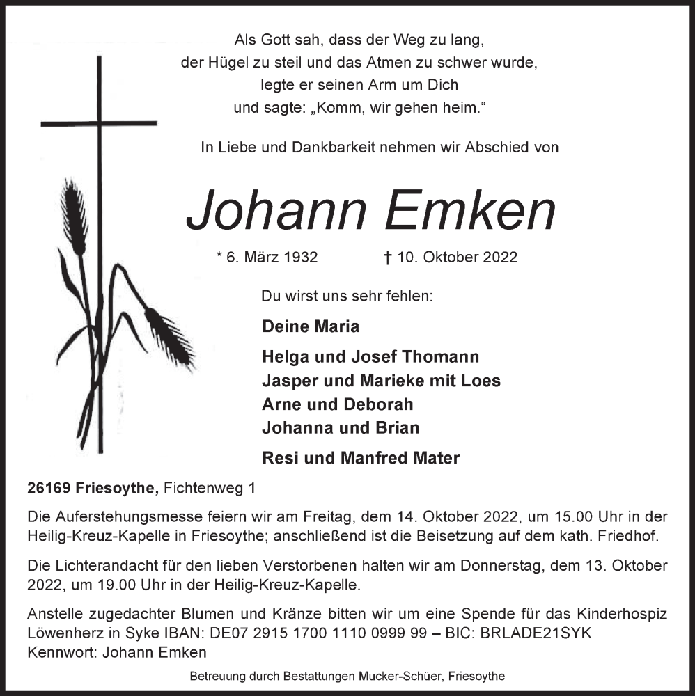 Traueranzeigen von Johann Emken | om-trauer.de