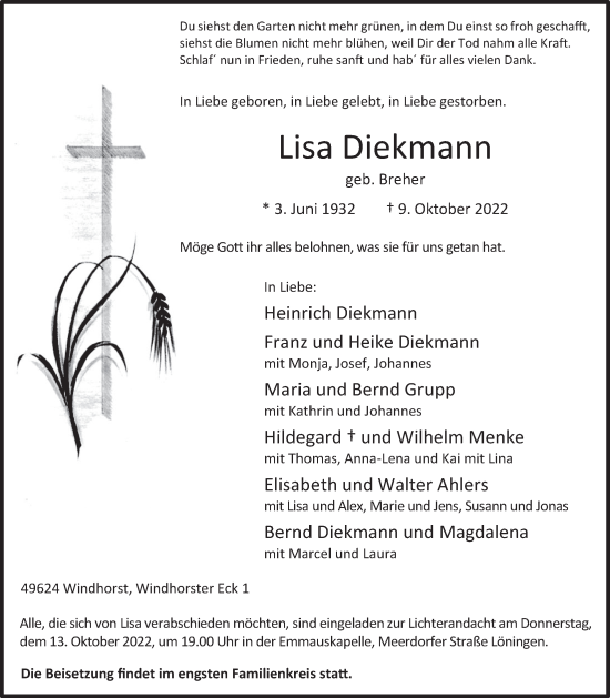 Traueranzeigen von Lisa Diekmann | om-trauer.de