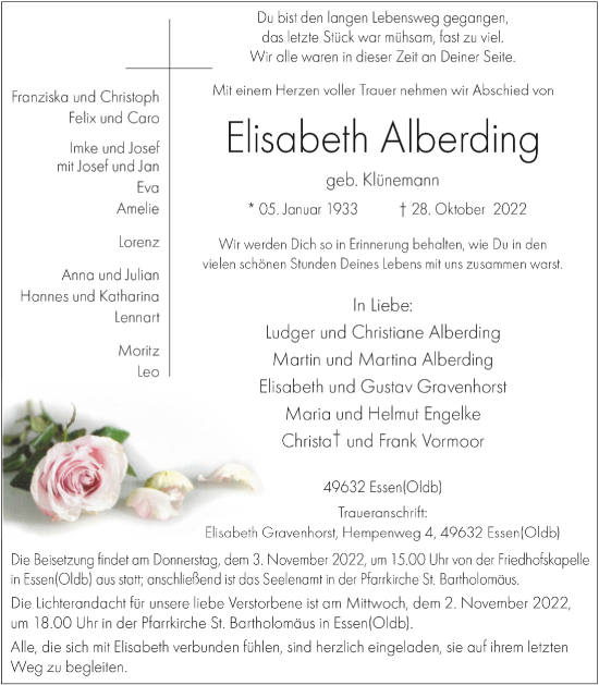 Traueranzeigen von Elisabeth Alberding | om-trauer.de