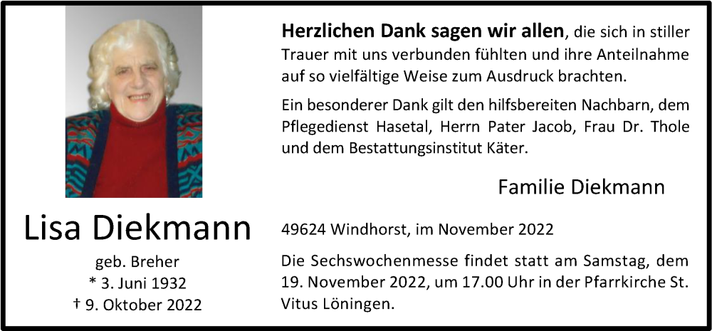 Traueranzeigen von Lisa Diekmann | om-trauer.de