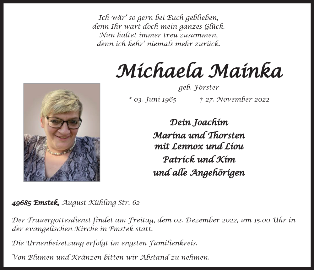 Traueranzeigen von Michaela Mainka | om-trauer.de