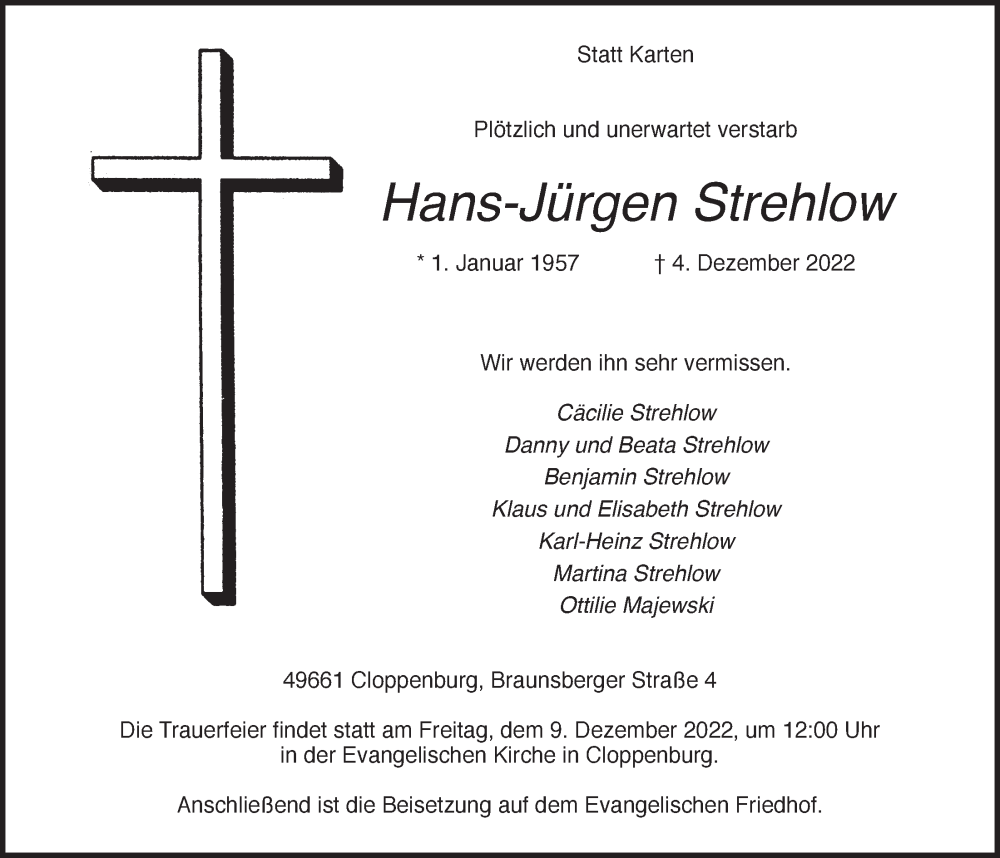 Traueranzeigen von Hans-Jürgen Strehlow | om-trauer.de
