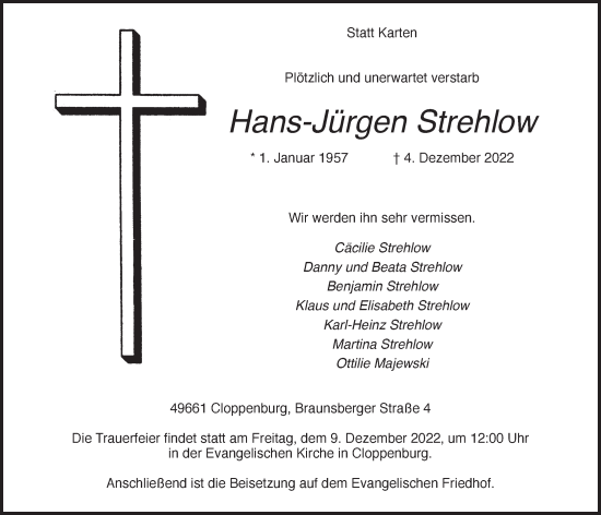 Traueranzeigen von Hans-Jürgen Strehlow | om-trauer.de